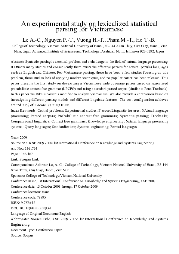 (PDF) An Experimental Study on Lexicalized Statistical Parsing for Vietnamese
