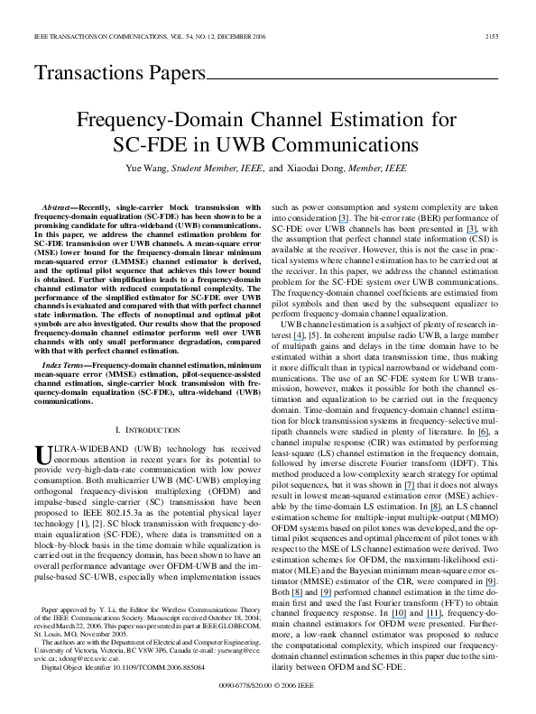 (PDF) Frequency domain channel estimation for SC-FDE in UWB communications