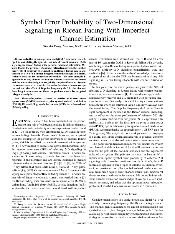(PDF) Symbol error probability of two-dimensional signaling in Ricean fading with imperfect ...