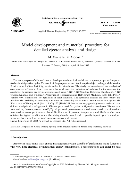 (PDF) Model development and numerical procedure for detailed ejector analysis and design