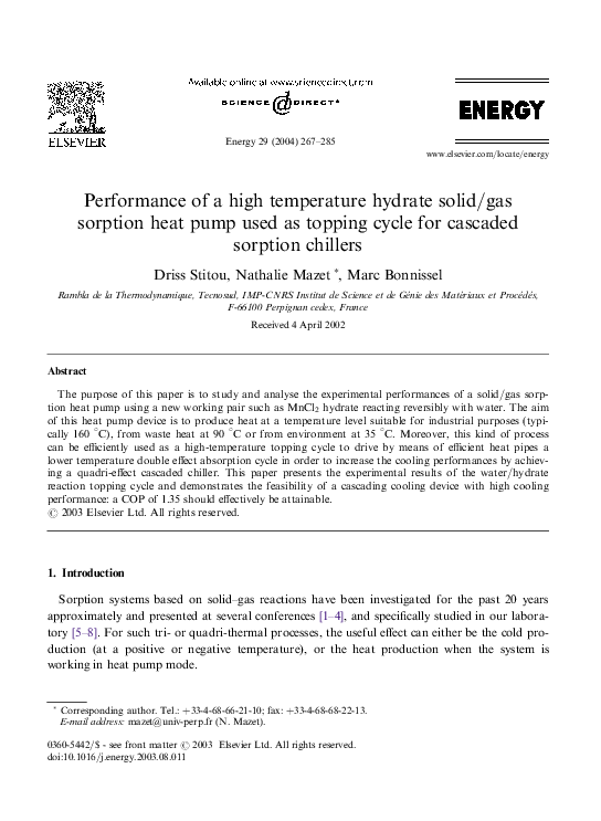 (PDF) Performance of a high temperature hydrate solid/gas sorption heat ...