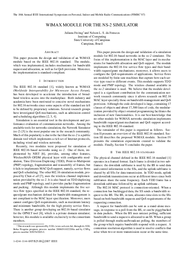 (PDF) WiMAX Module for the ns-2 Simulator