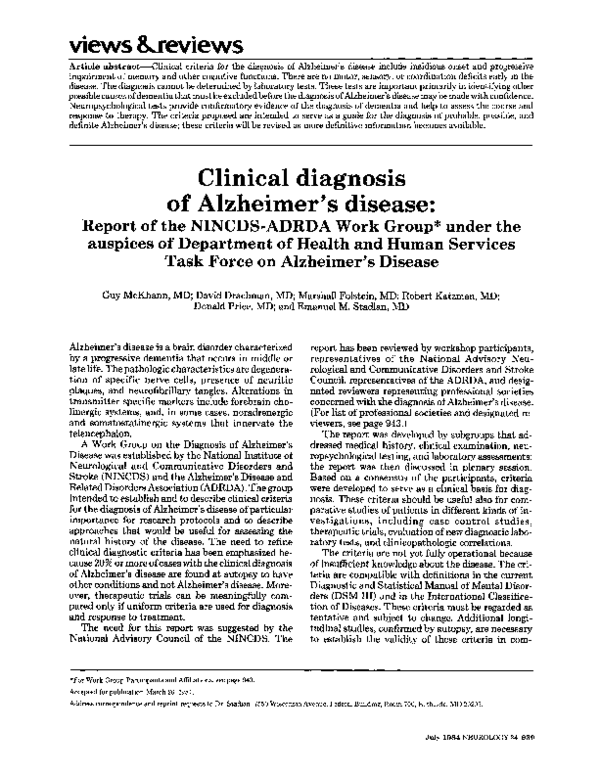 (PDF) Clinical diagnosis of Alzheimer's disease: report of the NINCDS ...