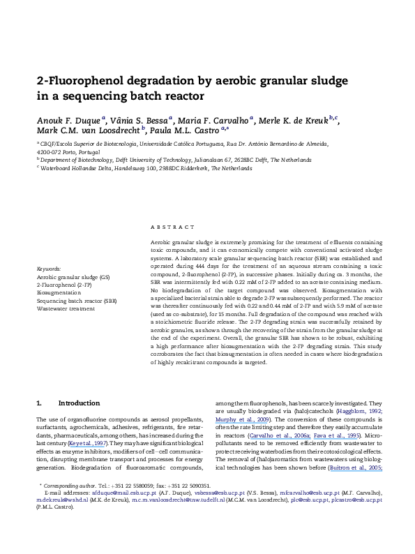 (PDF) 2-Fluorophenol degradation by aerobic granular sludge in a sequencing batch reactor