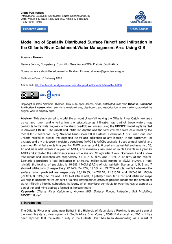(PDF) Modelling of Spatially Distributed Surface Runoff and Infiltration in the Olifants River ...