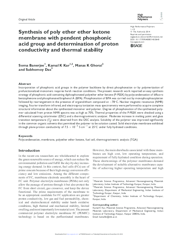 (PDF) Synthesis of poly ether ether ketone membrane with pendent phosphonic acid group and ...