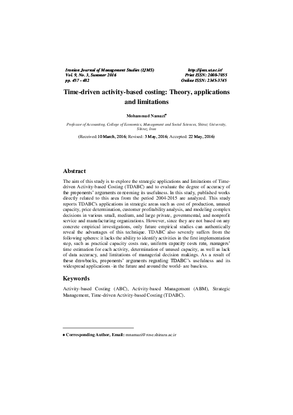 Pdf Time Driven Activity Based Costing Theory Applications And