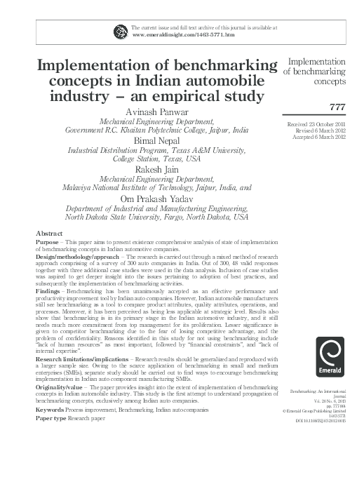 (PDF) The propagation of benchmarking concepts in Indian manufacturing industry