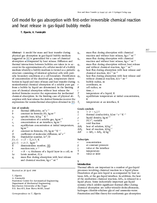 (PDF) Cell model for gas absorption with first-order irreversible ...