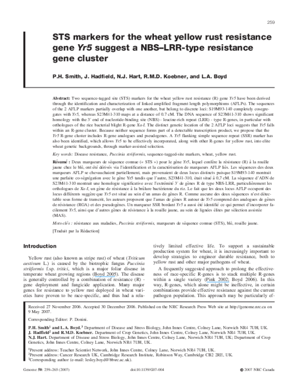 (PDF) STS markers for the wheat yellow rust resistance gene Yr5 suggest ...