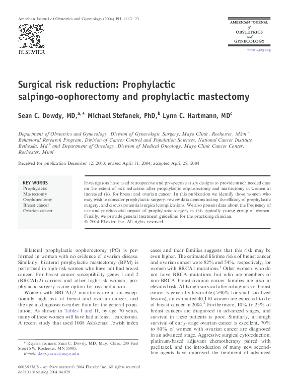 (PDF) Surgical risk reduction: Prophylactic salpingo-oophorectomy and prophylactic mastectomy ...