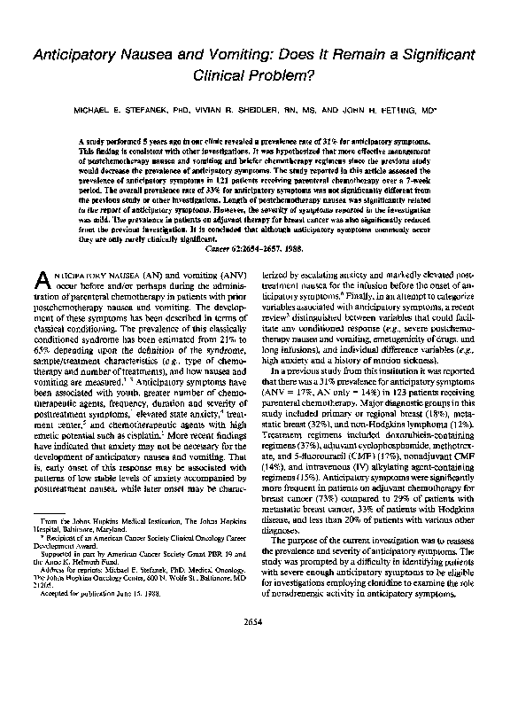 (PDF) Anticipatory nausea and vomiting: Does it remain a significant ...