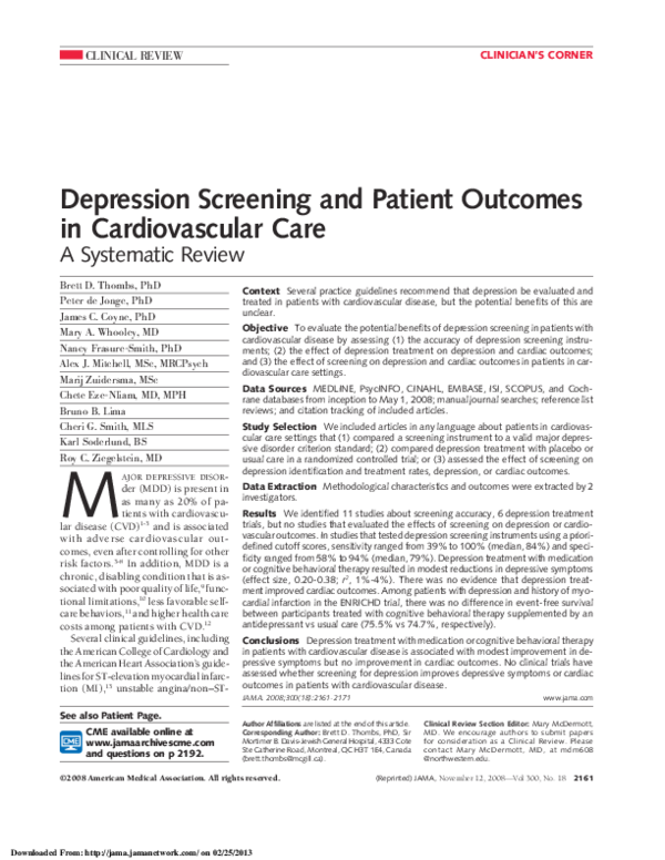 (PDF) Depression Screening and Patient Outcomes in Cardiovascular Care