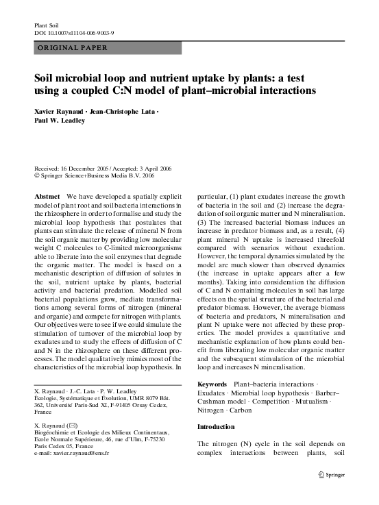 (PDF) Soil microbial loop and nutrient uptake by plants: a test using a ...
