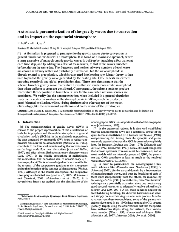 Pdf A Stochastic Parameterization Of The Gravity Waves Due To Convection And Its Impact On The