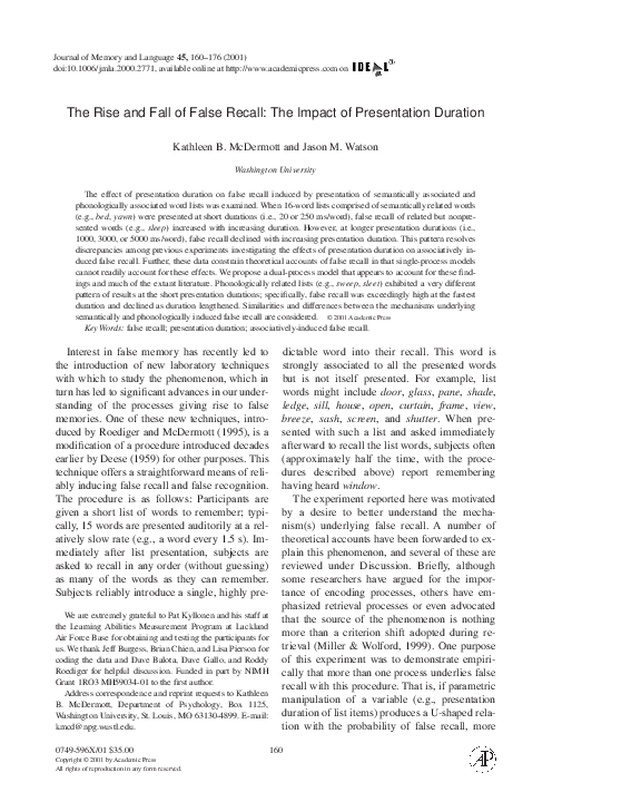 (PDF) The Rise and Fall of False Recall: The Impact of Presentation ...