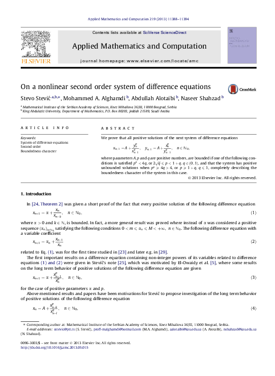 Pdf On A Nonlinear Second Order System Of Difference Equations