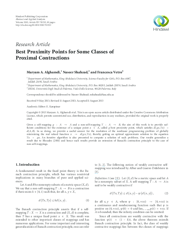 Pdf Best Proximity Points For Some Classes Of Proximal Contractions Naseer Shahzad
