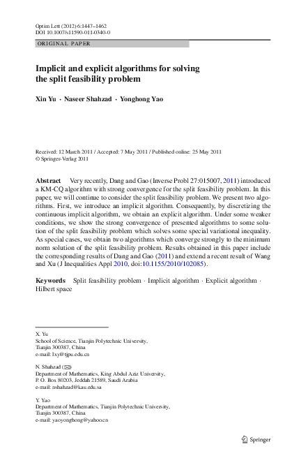 Pdf Implicit And Explicit Algorithms For Solving The Split Feasibility Problem Naseer