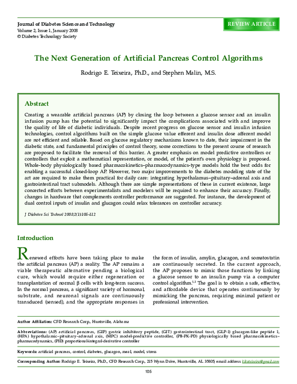 Pdf The Next Generation Of Artificial Pancreas Control Algorithms