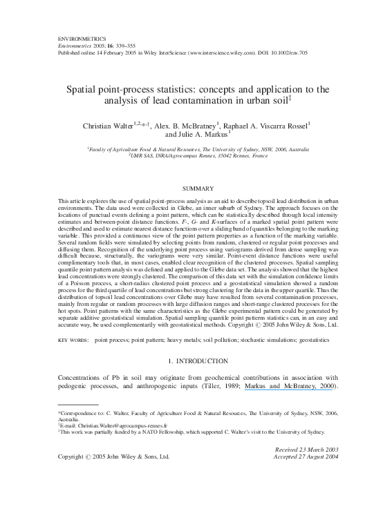 (PDF) Spatial point-process statistics: concepts and application to the analysis of lead ...