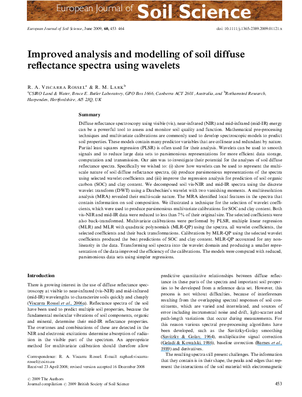 (PDF) Improved analysis and modelling of soil diffuse reflectance spectra using wavelets
