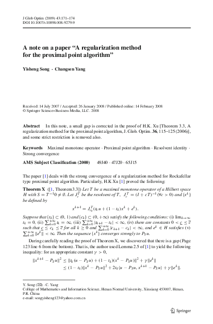 (PDF) A note on a paper “A regularization method for the proximal point ... (PDF) A note on a paper “A regularization method for the proximal point ...