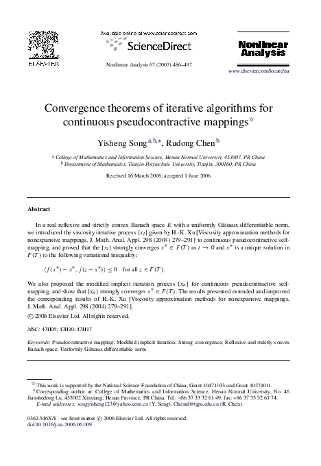 Pdf Convergence Theorems Of Iterative Algorithms For Continuous Pseudocontractive Mappings