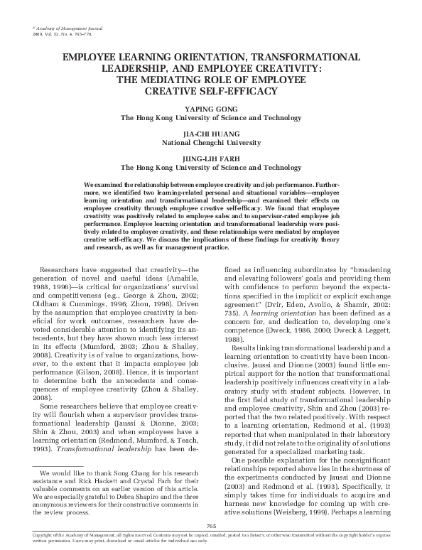 (PDF) Employee Learning Orientation, Transformational Leadership, and Employee Creativity: The ...