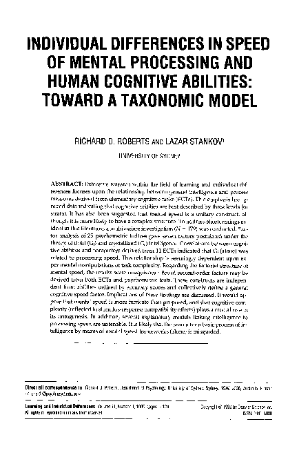 (PDF) Individual differences in speed of mental processing and human cognitive abilities: Toward ...
