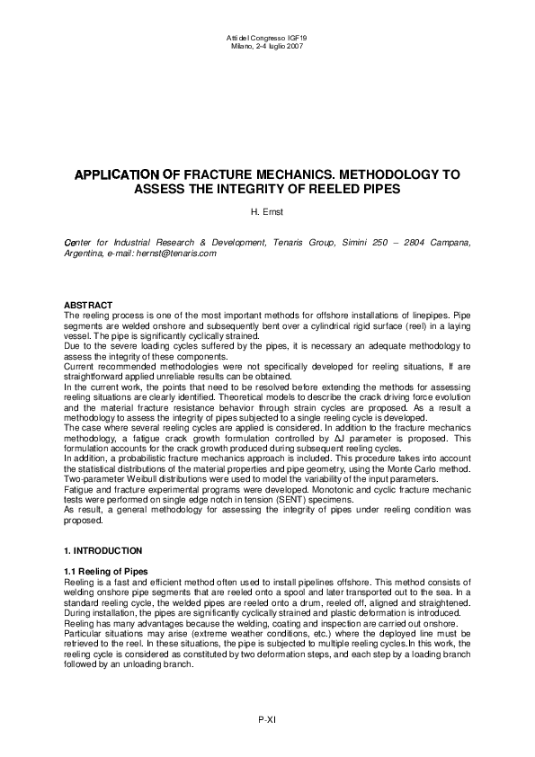(PDF) Application of Fracture Mechanics. Methodology to Assess the Integrity of Reeled Pipes