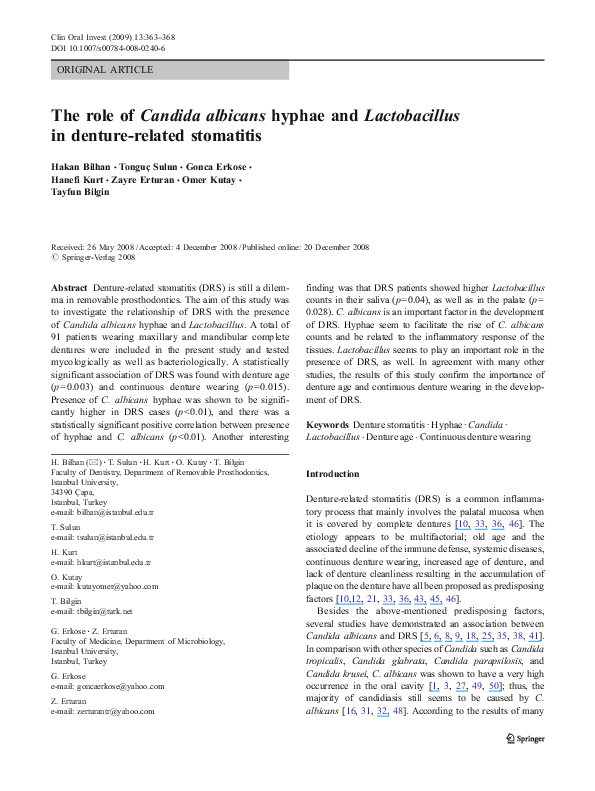 (PDF) The role of Candida albicans hyphae and Lactobacillus in denture ...
