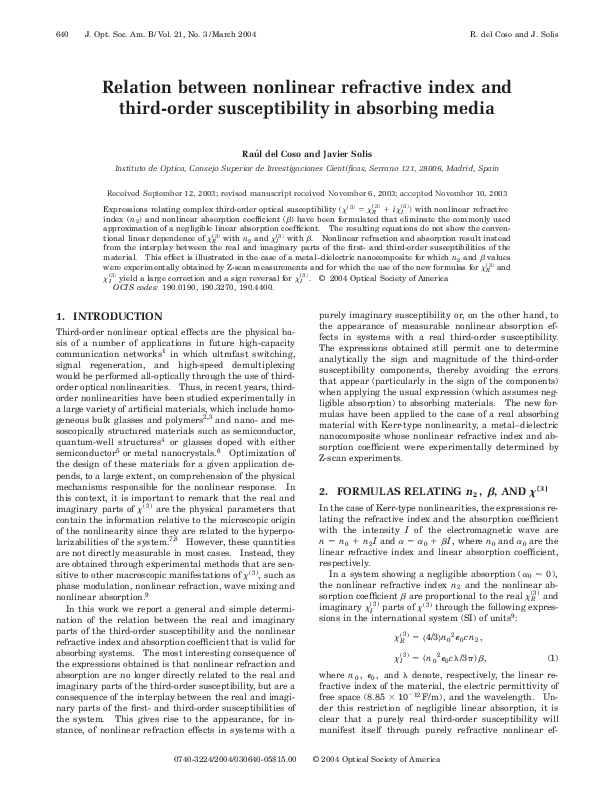 (PDF) Relation between nonlinear refractive index and third-order susceptibility in absorbing media