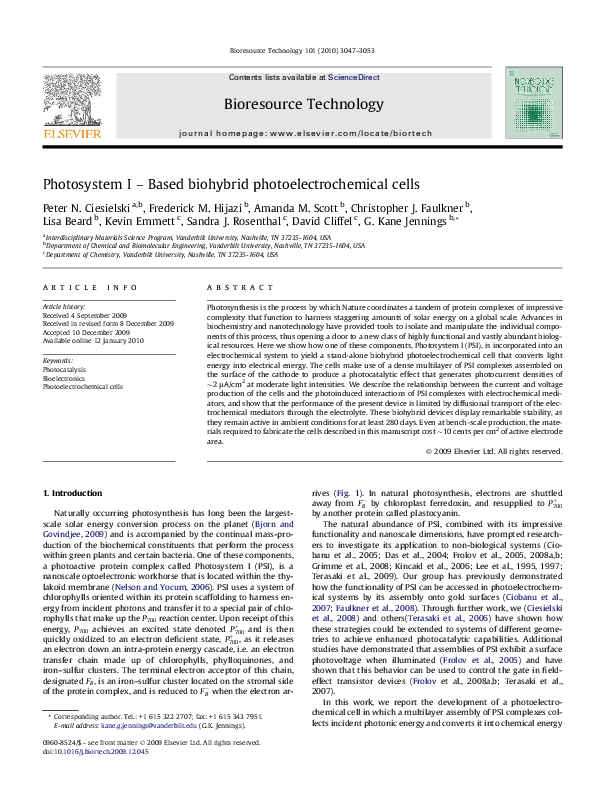 (PDF) Photosystem I – Based biohybrid photoelectrochemical cells
