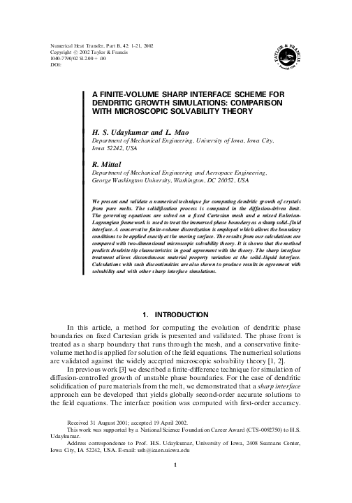 (PDF) a Finite-Volume Sharp Interface Scheme for Dendritic Growth Simulations: Comparison with ...