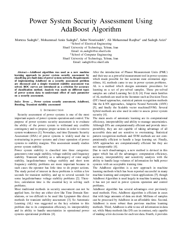 (PDF) Power System Security Assessment Using AdaBoost Algorithm