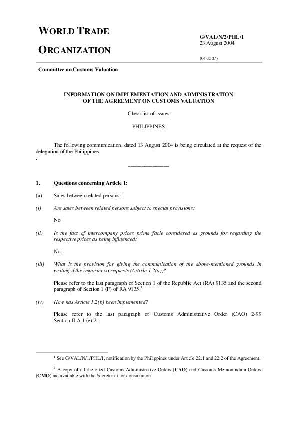 (PDF) Committee on Customs Valuation INFORMATION ON IMPLEMENTATION AND ...