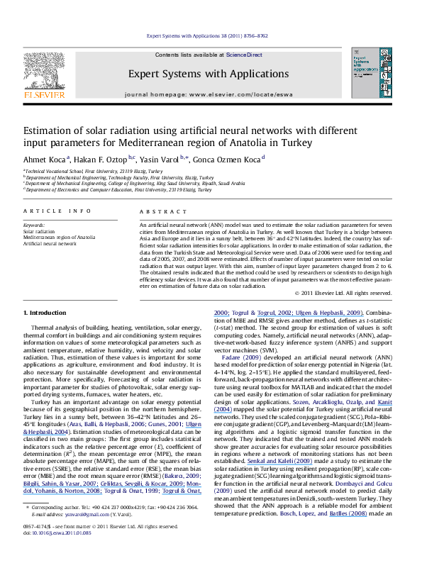 Pdf Estimation Of Solar Radiation Using Artificial Neural Networks With Different Input