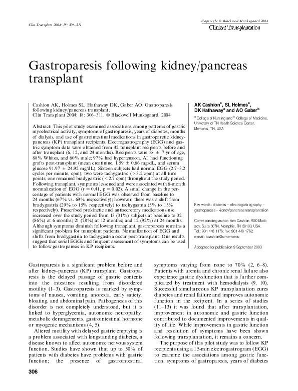 (PDF) Gastroparesis following kidney/pancreas transplant