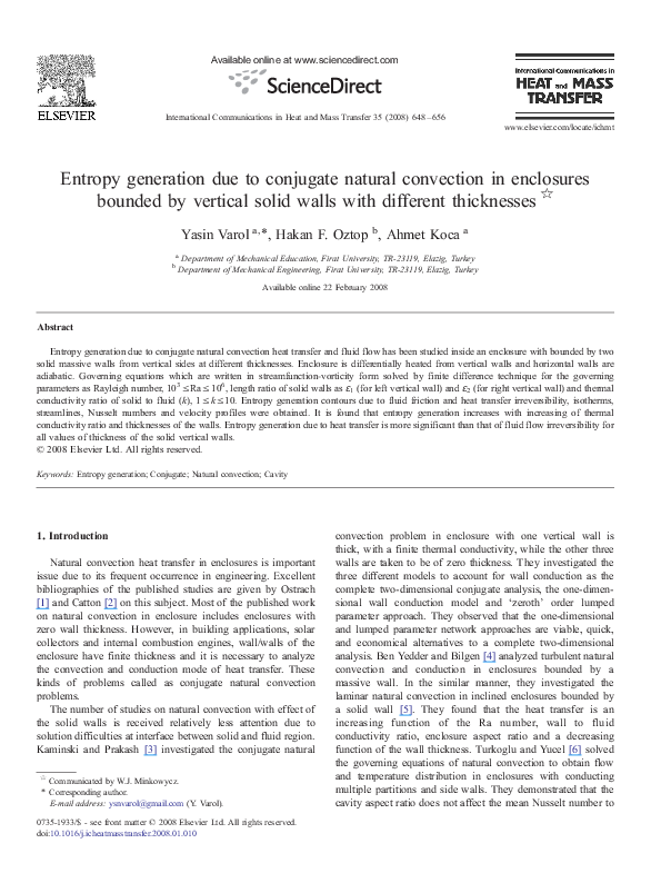 Pdf Entropy Generation And Natural Convection In Rectangular Cavities