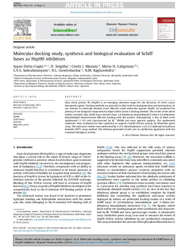 (PDF) Molecular docking study, synthesis and biological evaluation of Schiff bases as Hsp90 ...