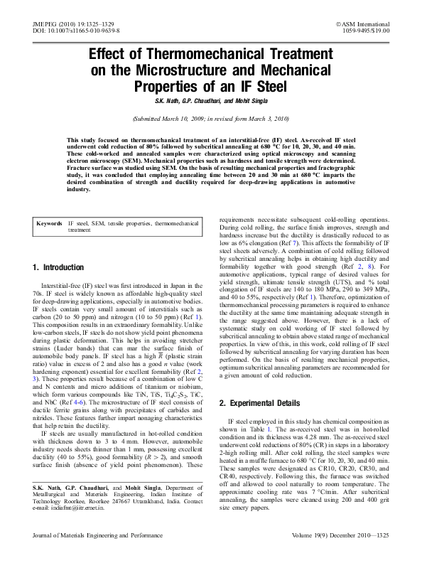 (PDF) Effect of Thermomechanical Treatment on the Microstructure and Mechanical Properties of an ...