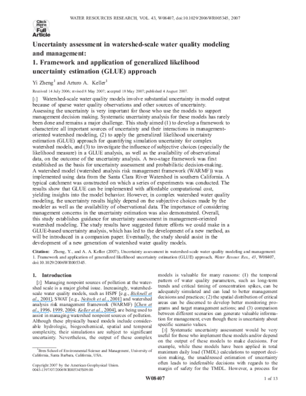 (PDF) Uncertainty assessment in watershed-scale water quality modeling and management: 1 ...