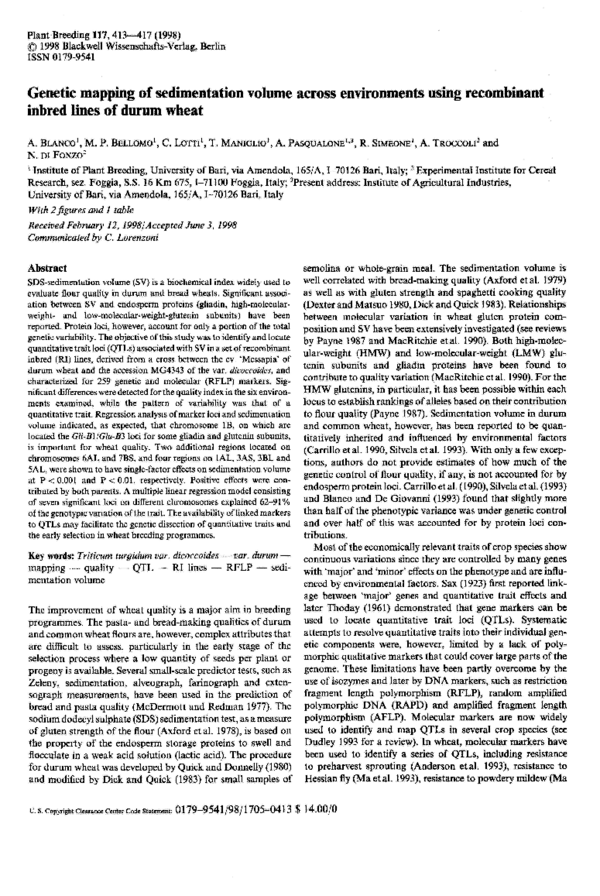Pdf Genetic Mapping Of Sedimentation Volume Across Environments Using Recombinant Inbred Lines