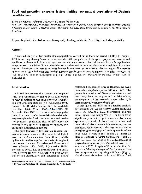 (PDF) Food and predation as major factors limiting two natural populations of Daphnia cucullata Sars