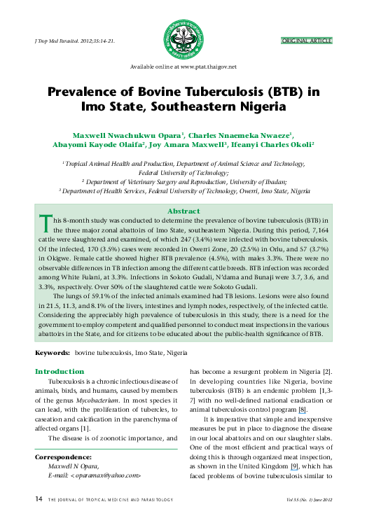 (PDF) Prevalence of Bovine Tuberculosis (BTB) in Imo State ...