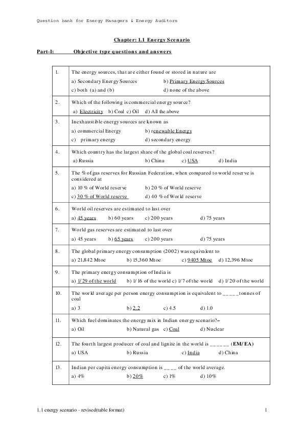 Pdf Question Bank For Energy Managers And Energy Auditors Chapter 1 1 Energy Scenario Part I