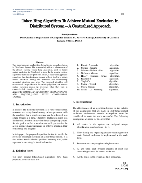 Pdf Token Ring Algorithm To Achieve Mutual Exclusion In Distributed System A Centralized 0058