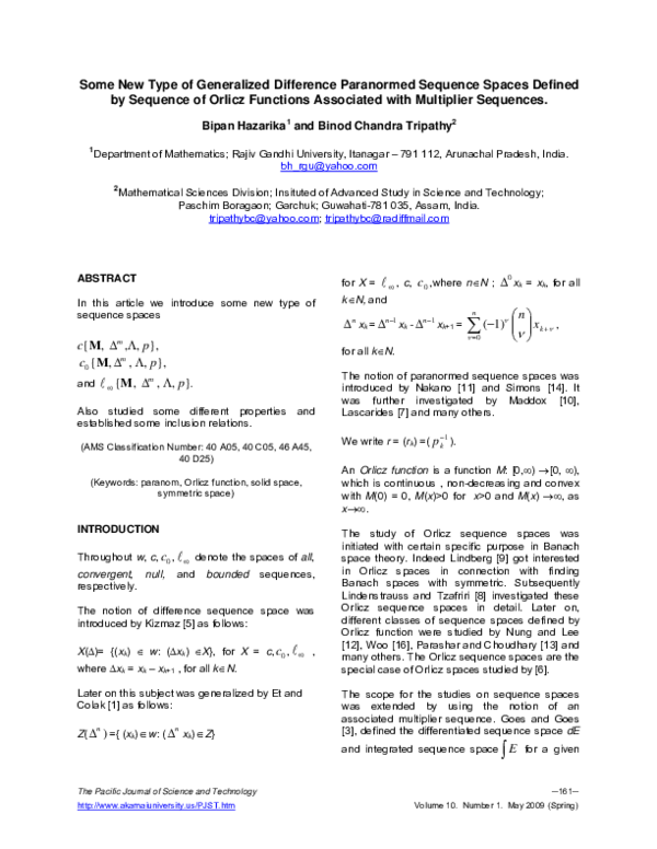 Pdf Some New Type Of Generalized Difference Paranormed Sequence Spaces Defined By Sequence Of