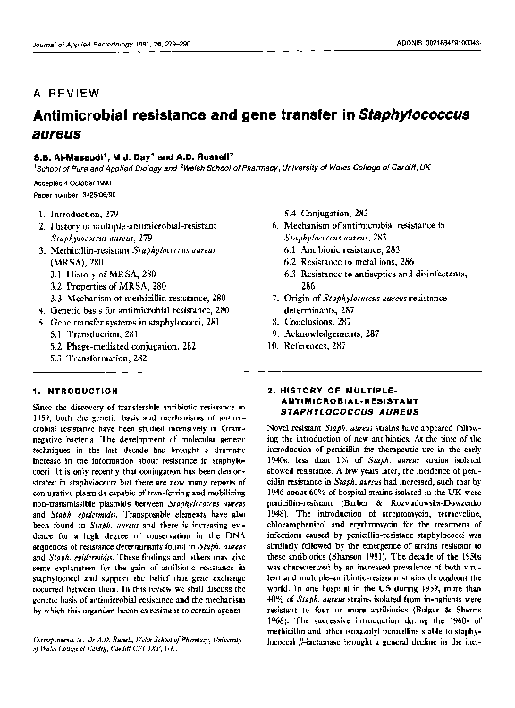 (PDF) Antimicrobial resistance and gene transfer in Staphylococcus aureus